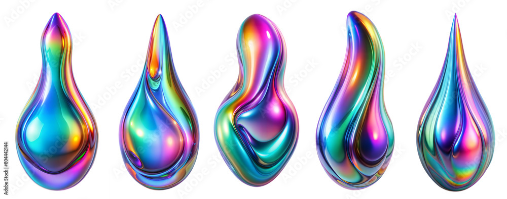 Set of five colorful abstract liquid shapes with a metallic sheen ...
