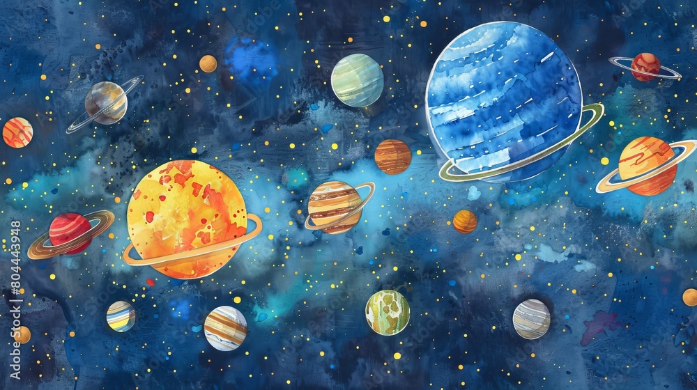 Artistic watercolor of the solar system, each planet labeled and ...