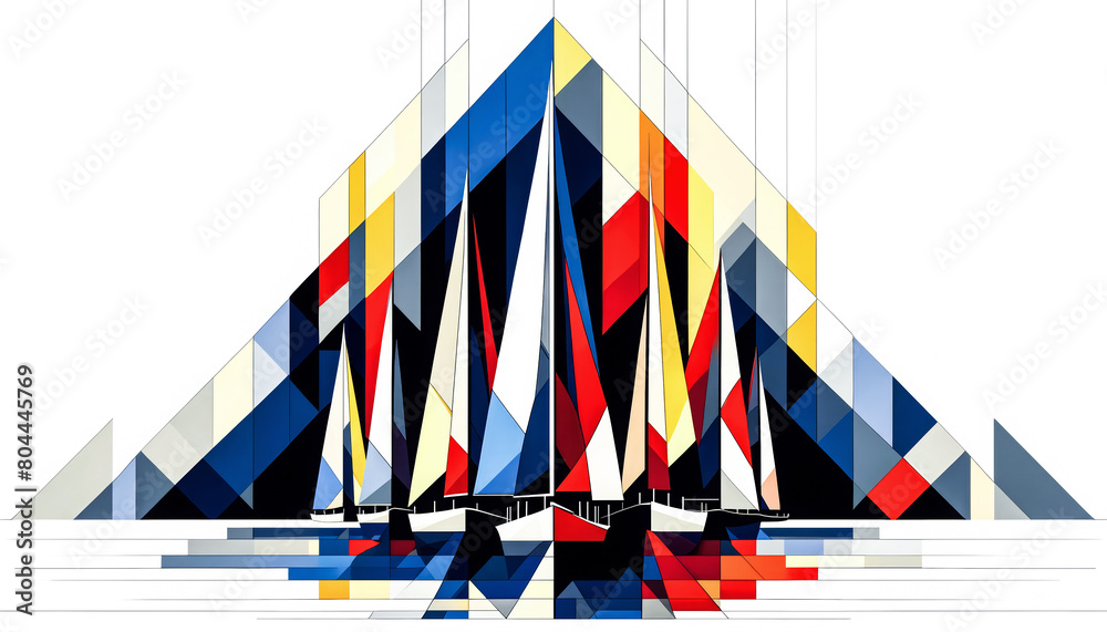 A geometric abstract artwork featuring an array of sailboats with ...