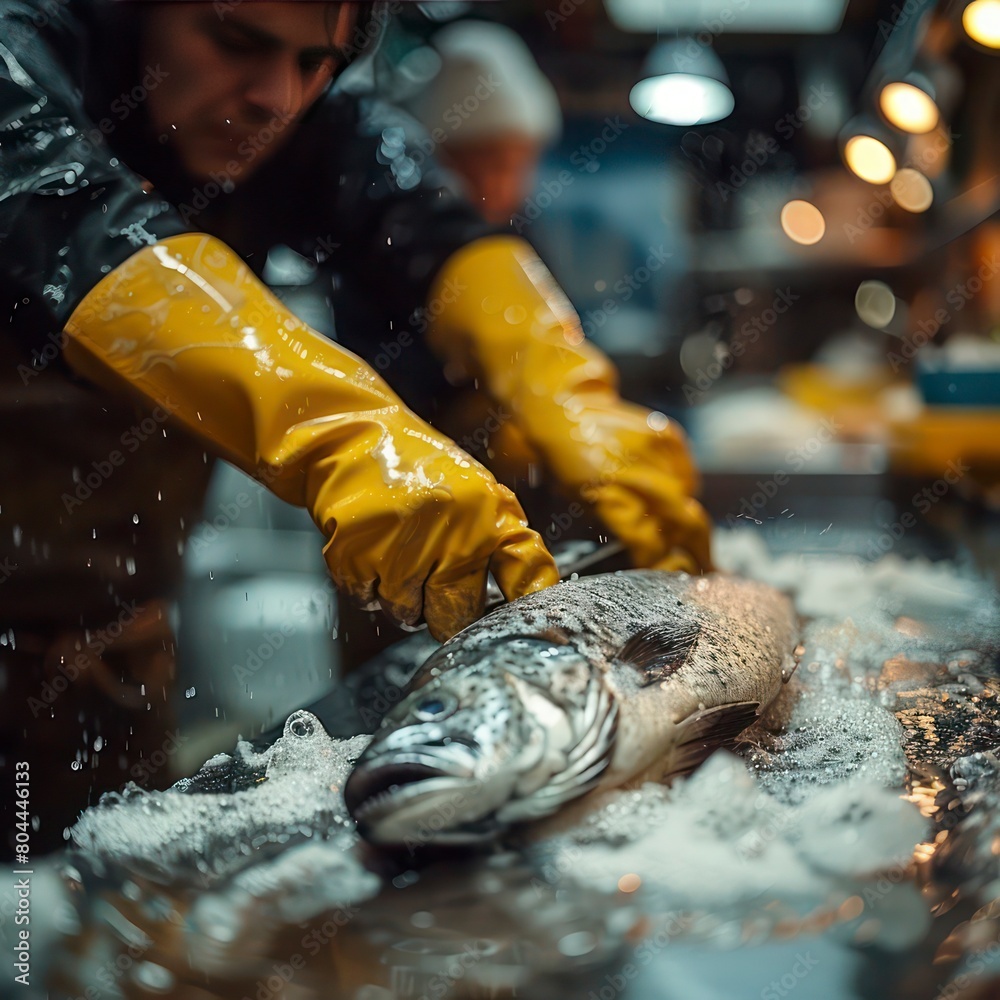 the cutting of a fish in factory, fish processing Stock Photo | Adobe Stock