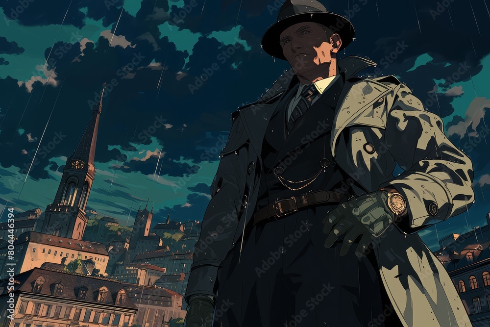 Comic book illustration, a hardboiled detective with a trench coat and ...