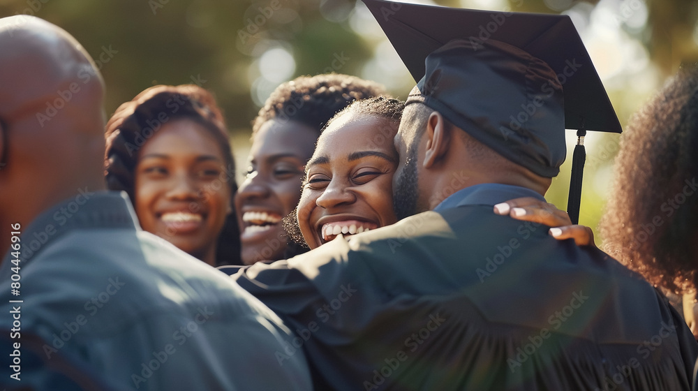 Black student in black graduation cap and gowns, student hugging her ...