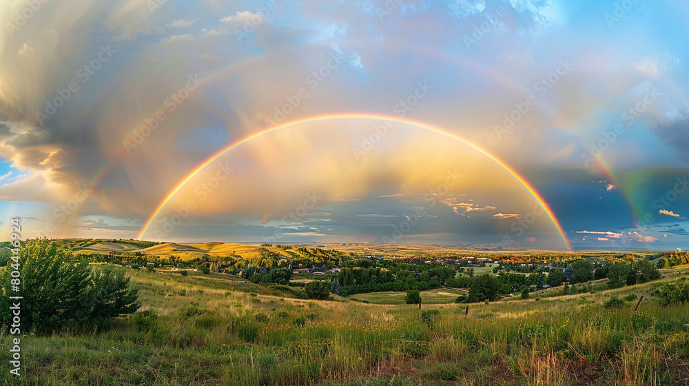 Rainbow A magnificent rainbow stretching across the sky after a summer ...