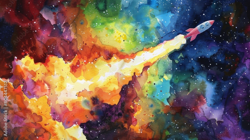 Dynamic watercolor of a rocket launching into a star-filled sky, the ...