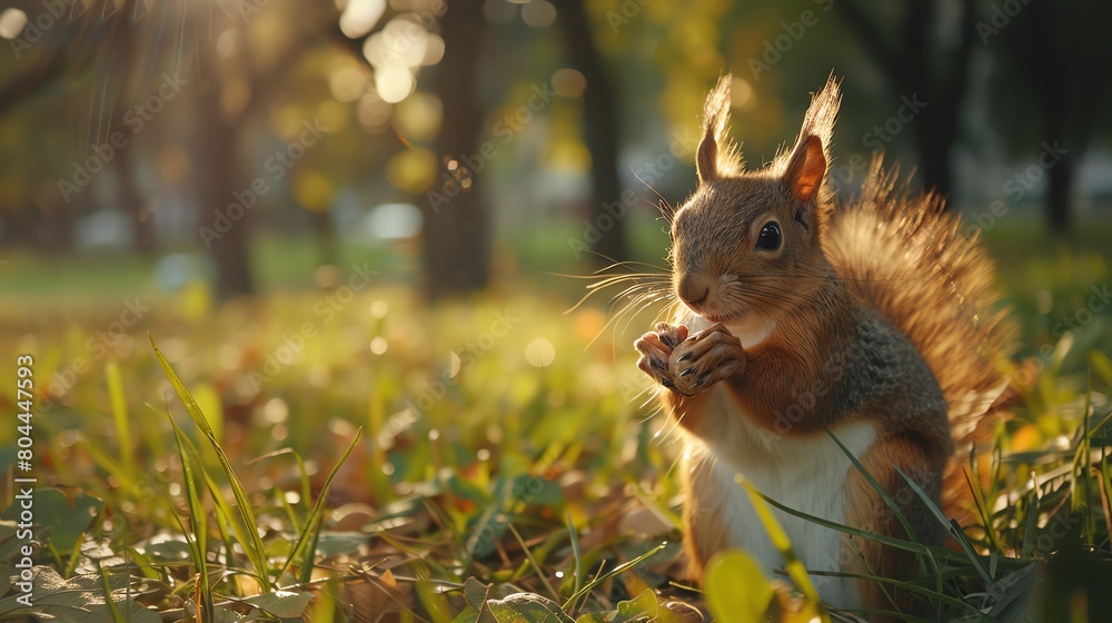 8 Overgrown city square, squirrel with nut, golden hour, shallow depth ...