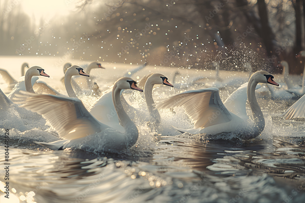 Flock of swans taking off from a water body at sunrise. Action-packed ...