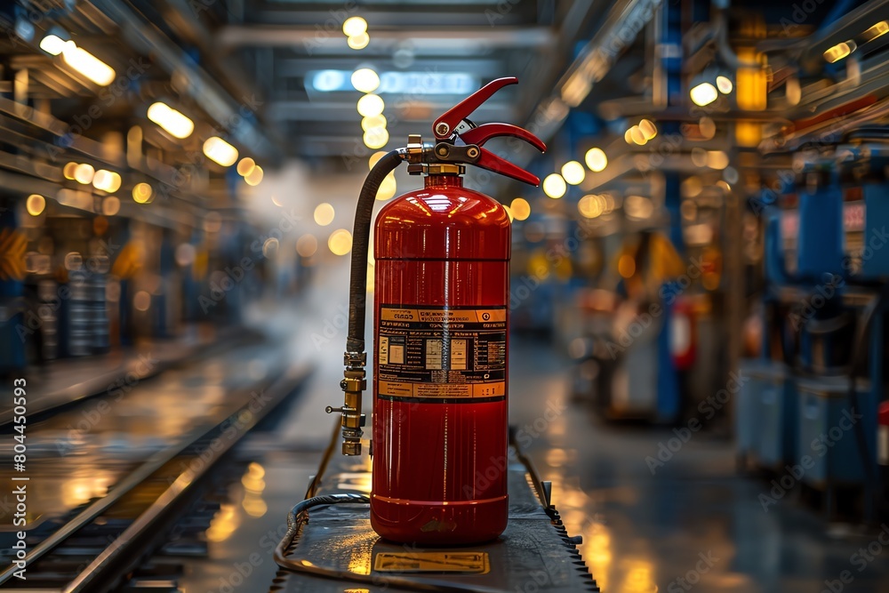 Fire extinguisher in factory setting, side view, natural lighting ...