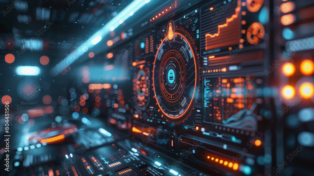 Futuristic computer interface with digital graphics, charts, and a ...