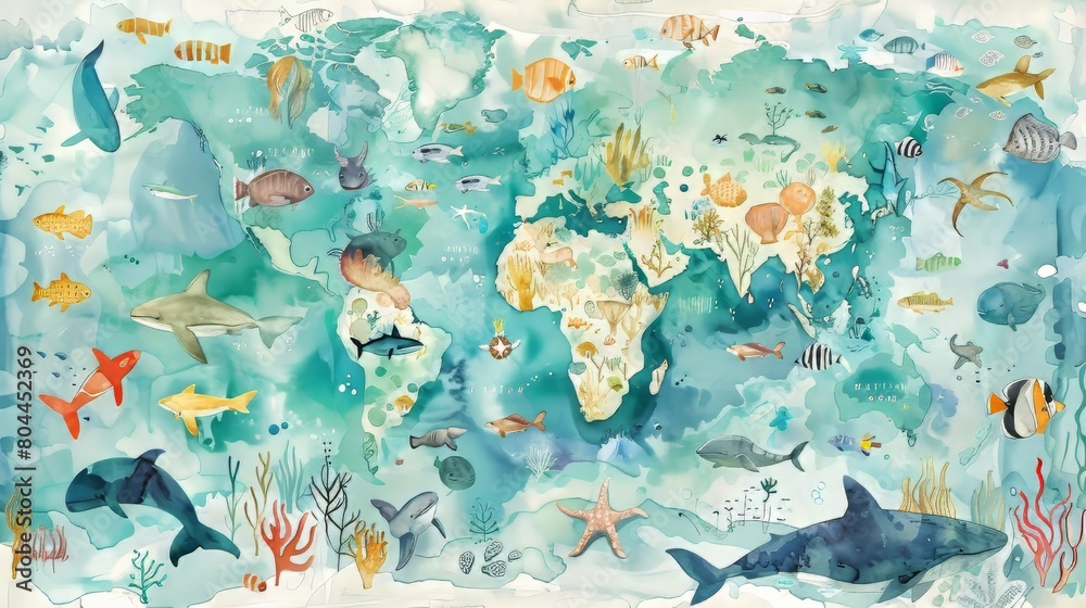 Playful watercolor of an undersea world map, regions depicted by ...