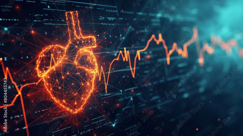 Glowing hologram of human heart organ 3D structure with dark background ...