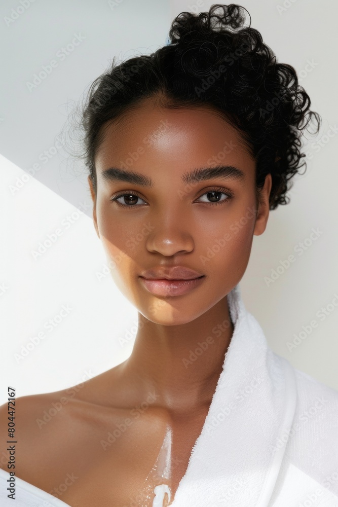 facial treatment with a split-screen, one side shows the model applying ...