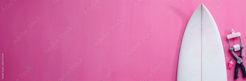 Surfboard repair kit web banner. Repair supplies arranged on pink ...