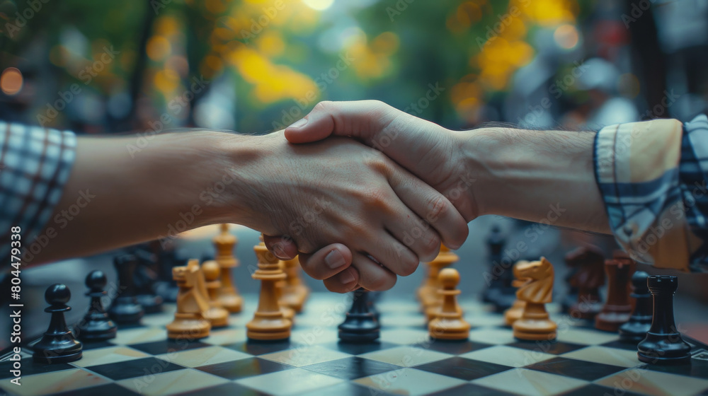 Two men shake hands on a chess board. Scene is one of respect and ...