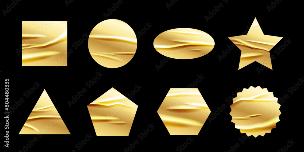 Crumpled gold paper sticker vector illustration set. Wrinkled glued ...