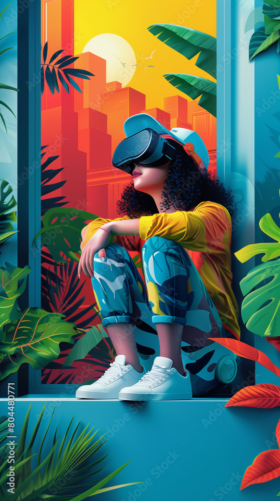 woman engages with a vibrant virtual reality world, the neon colors of ...