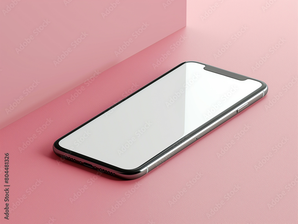 black smartphone with a reflective touch screen lies on a minimalist ...