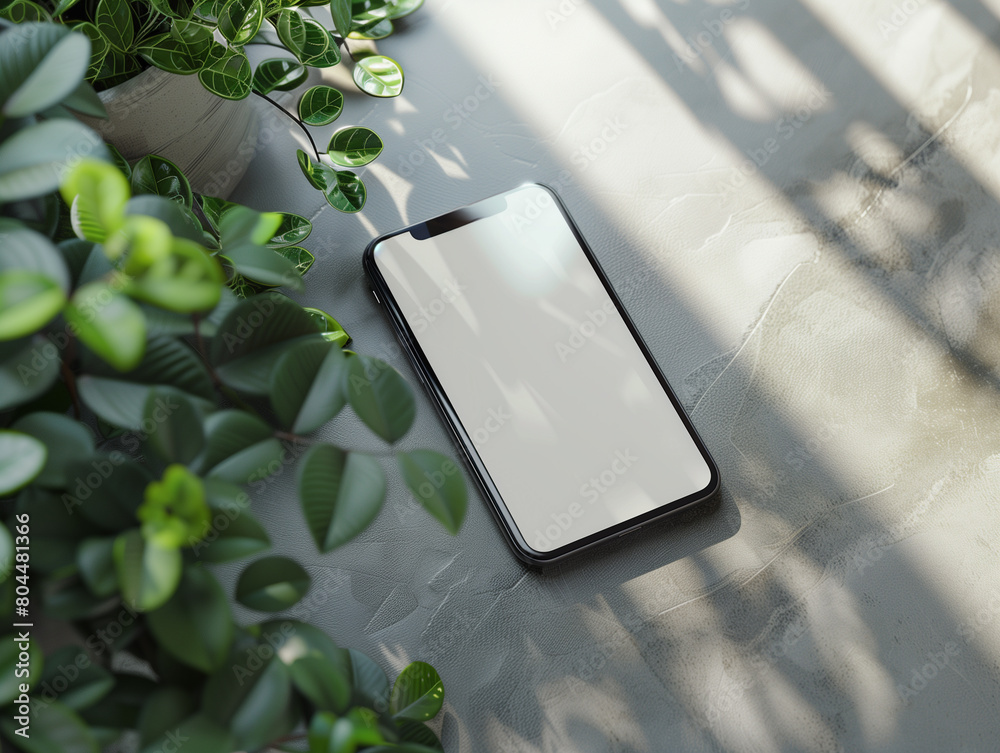 black smartphone with a reflective touch screen lies on a minimalist ...