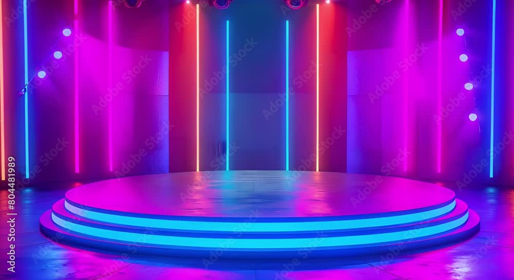 Colorful neon lights illuminate a modern game show stage with no ...