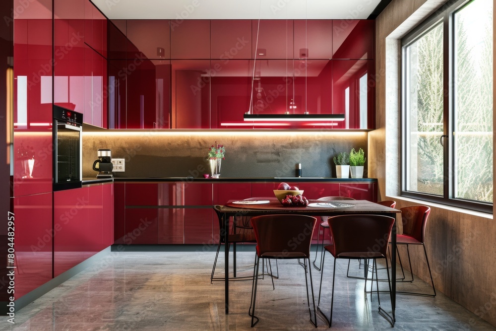 Modern Red Kitchen with Sleek Design and Dining Area Stock Photo ...