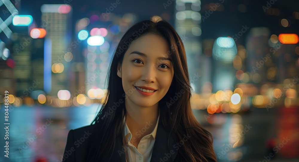 beautiful Chinese woman with long hair, smiling and wearing ...