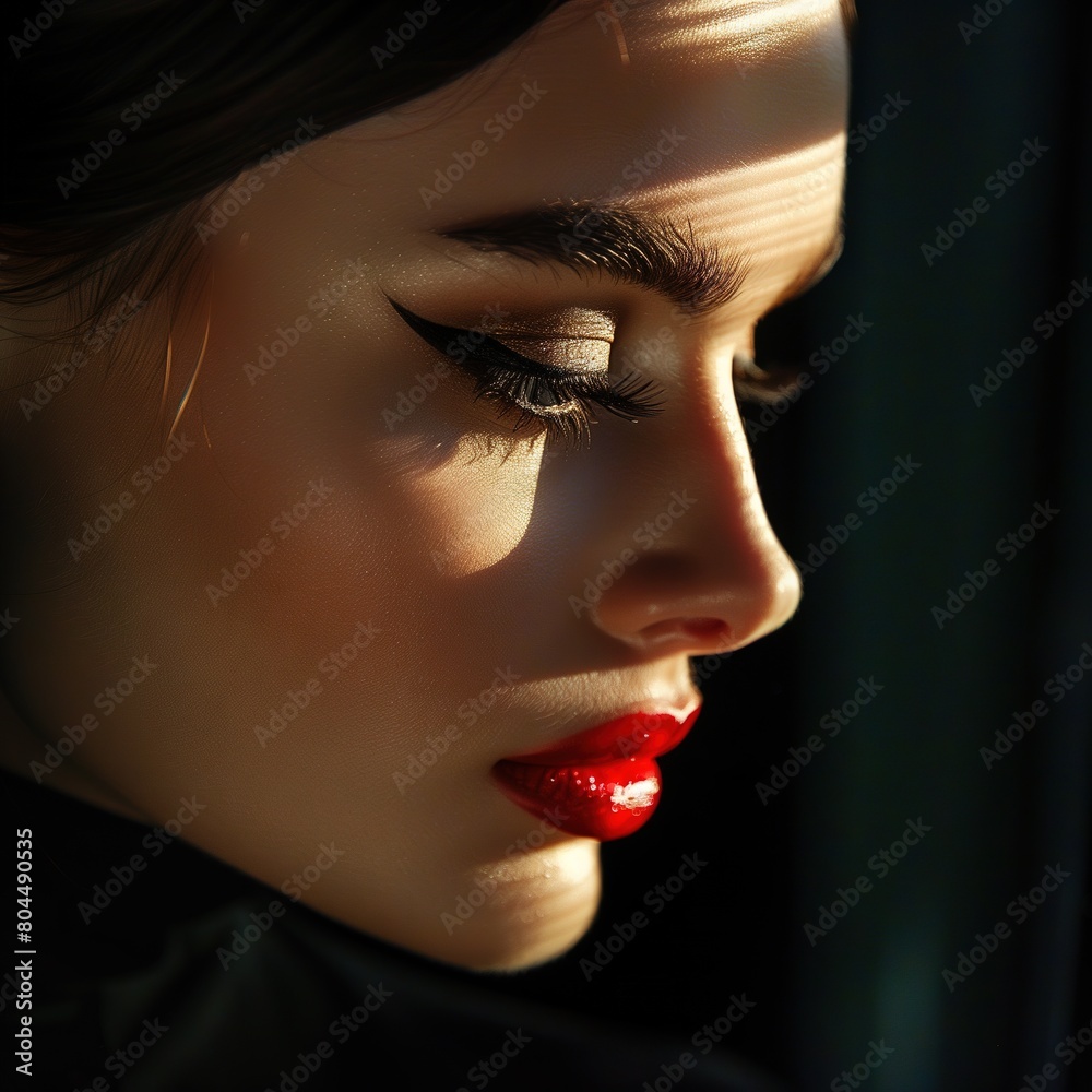 woman closeup of the face, showing her gorgeous eyes and soft curly ...