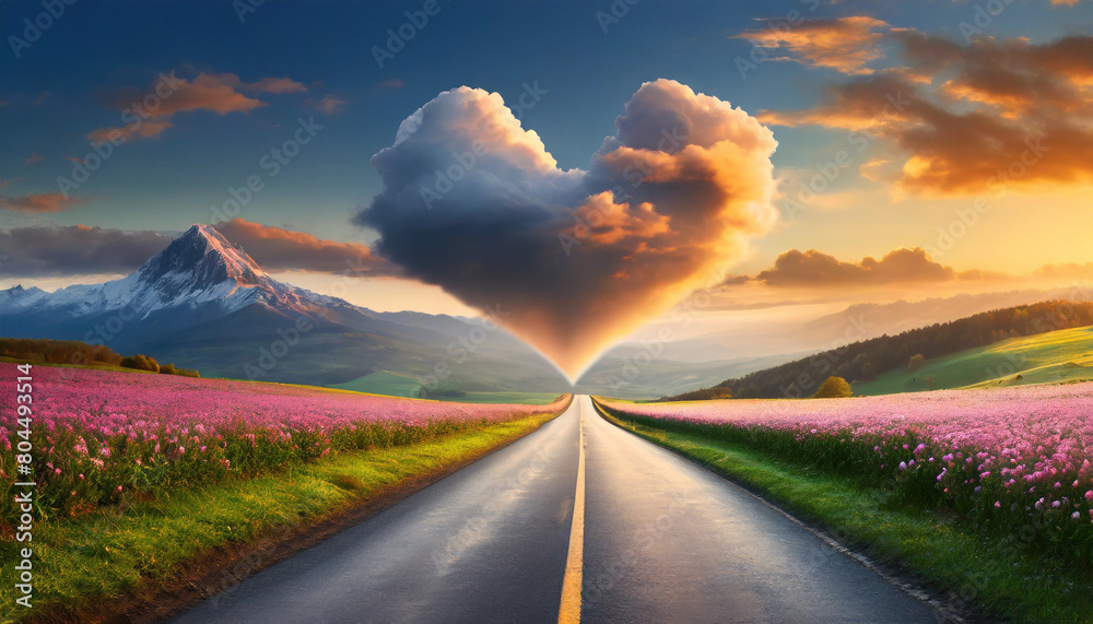 winding road stretches through fluffy clouds towards a radiant heart ...