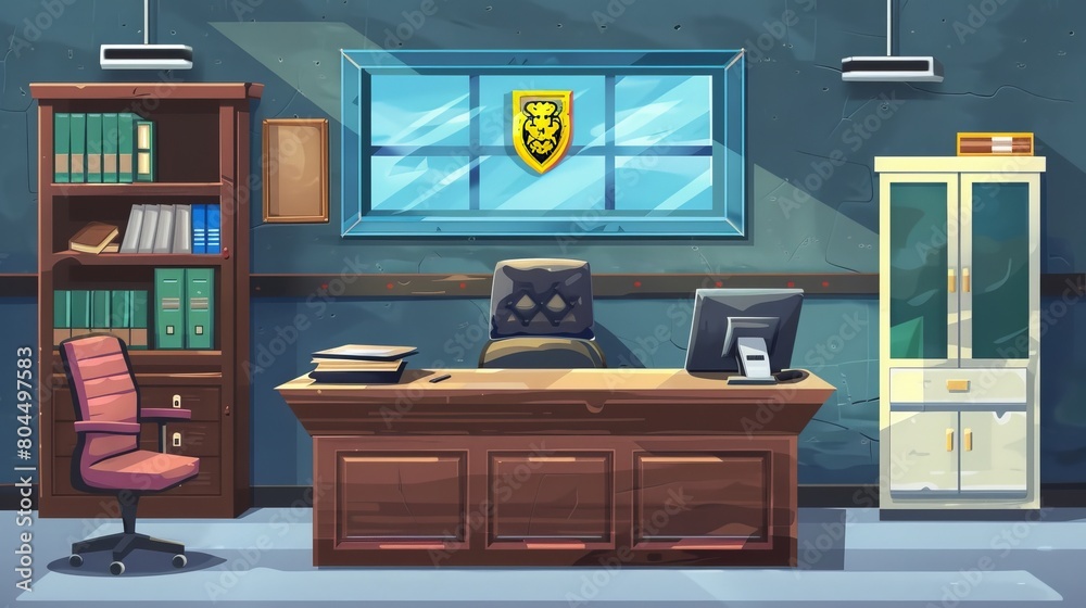 Inside of a police station, with a desk, computer, chair, file cabinet ...