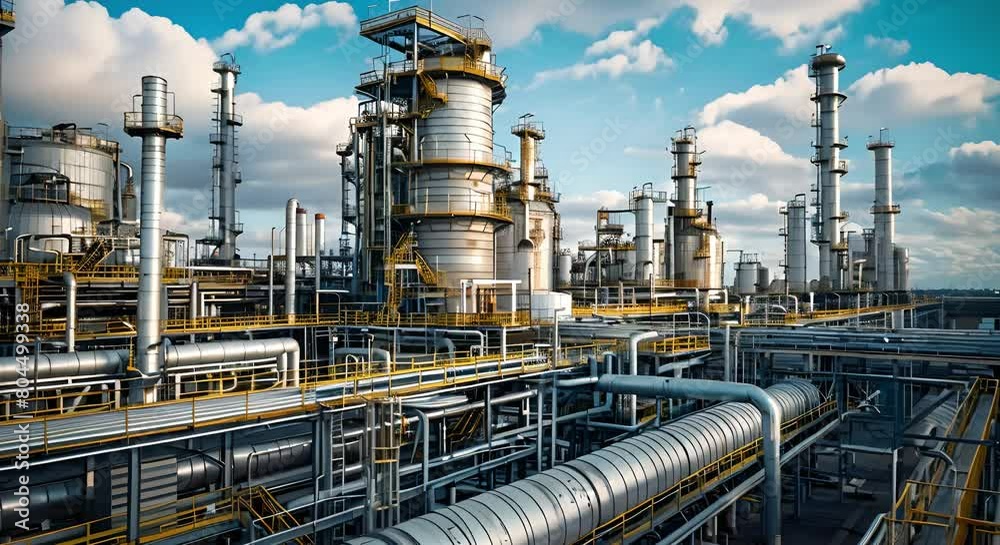 Modern industrial complex with oil production storage tanks and ...