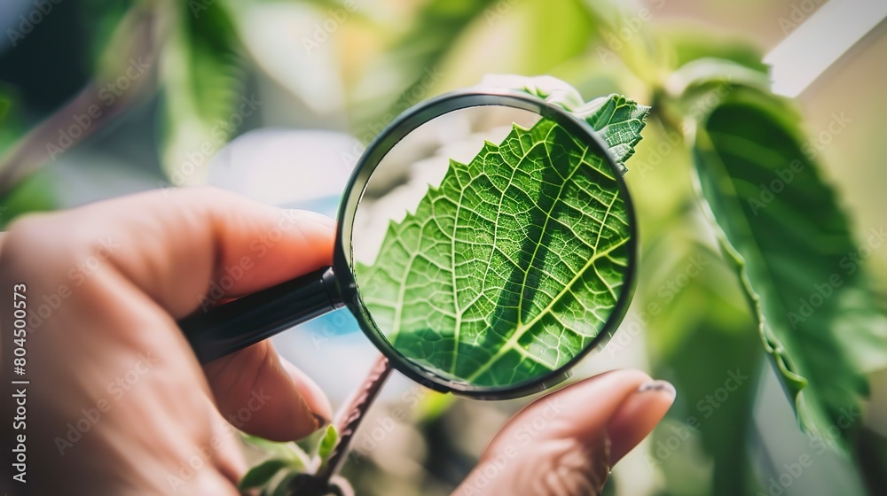 Research on pest resistance, close up, scientist inspecting leaf under ...