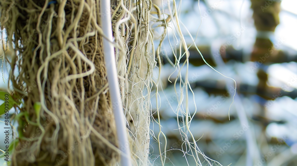 Root systems in vertical farm, close up, suspended in nutrient solution ...