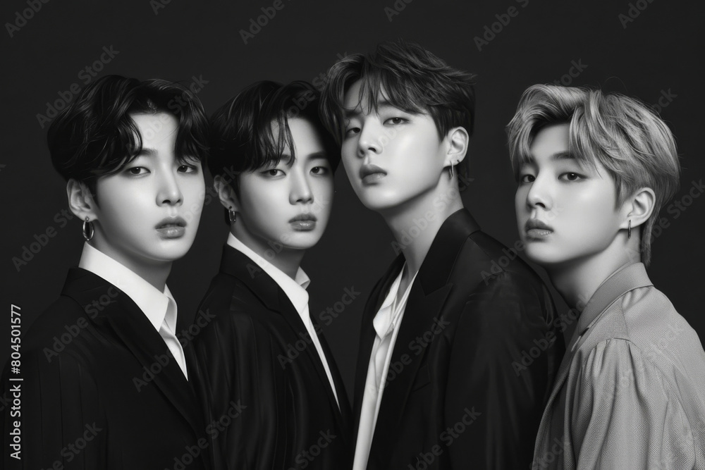 Black-and-white portrait of a stylish and modern k-pop group ...