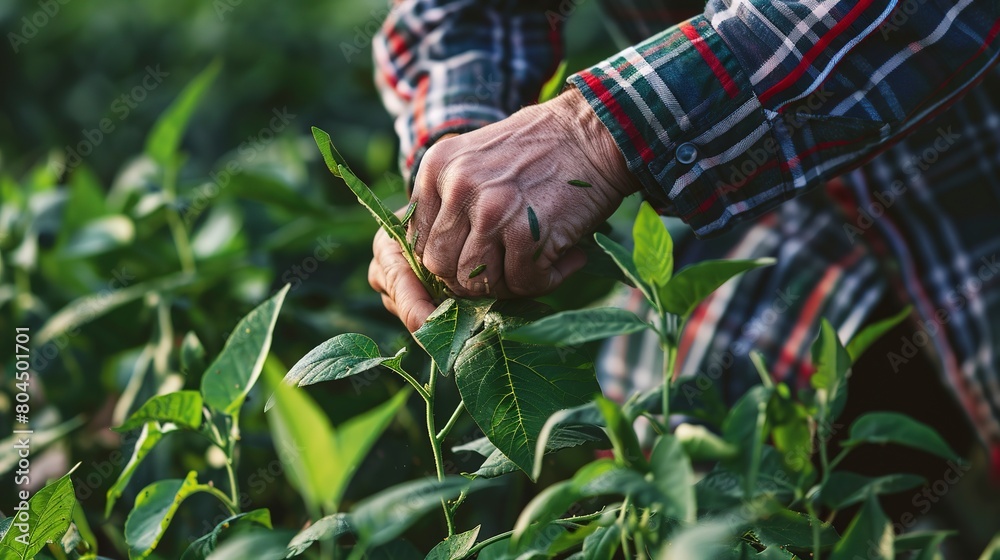 Farmer inspecting crops for pests, close up, focused on hands holding ...