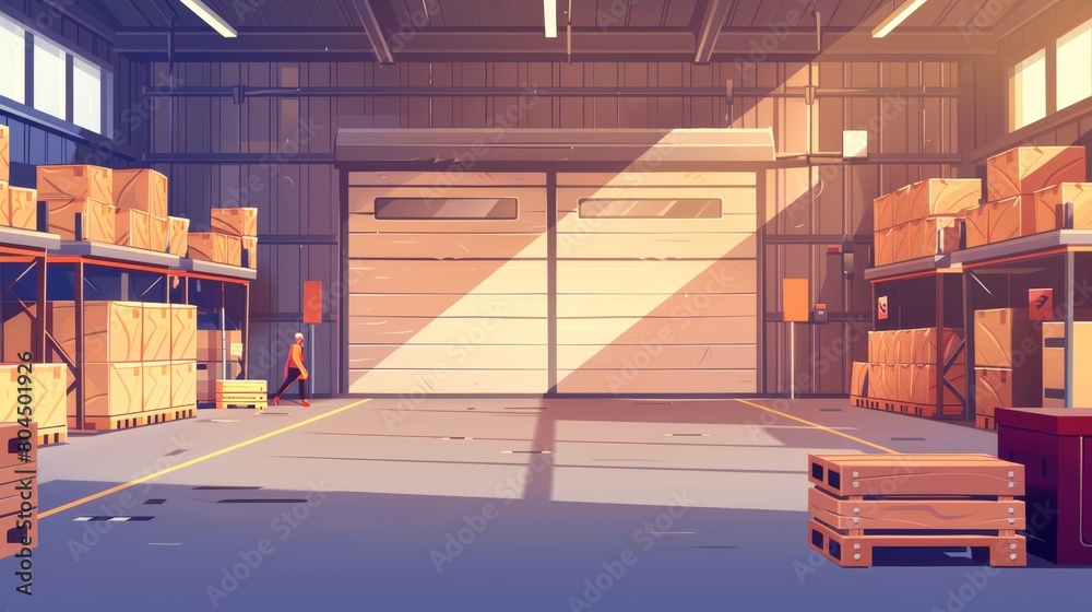 Cartoon illustration of an interior of a warehouse with goods on metal ...