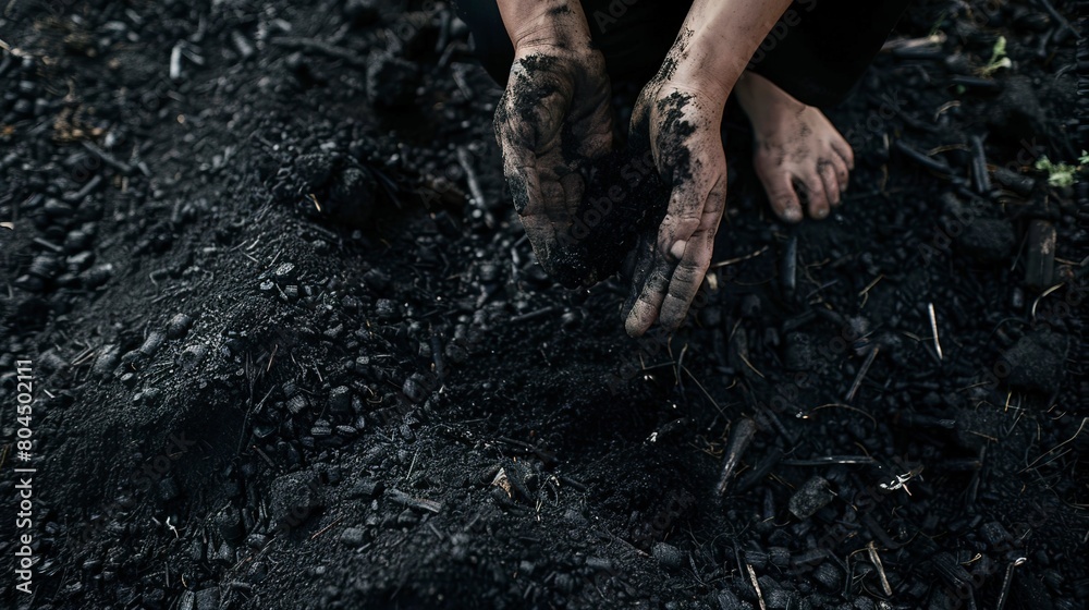 Application of biochar to soil, close up, hands spreading dark, rich ...