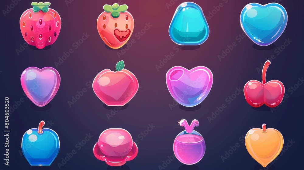 Cartoon jelly candy game UI cartoon glossy interface icon modern set ...