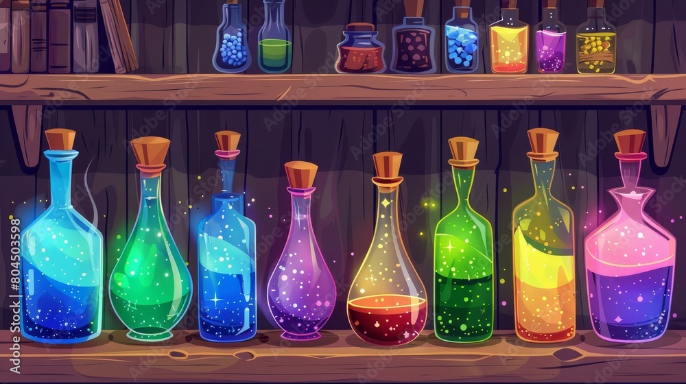A vintage collection of elixir bottles with colored liquids, love ...