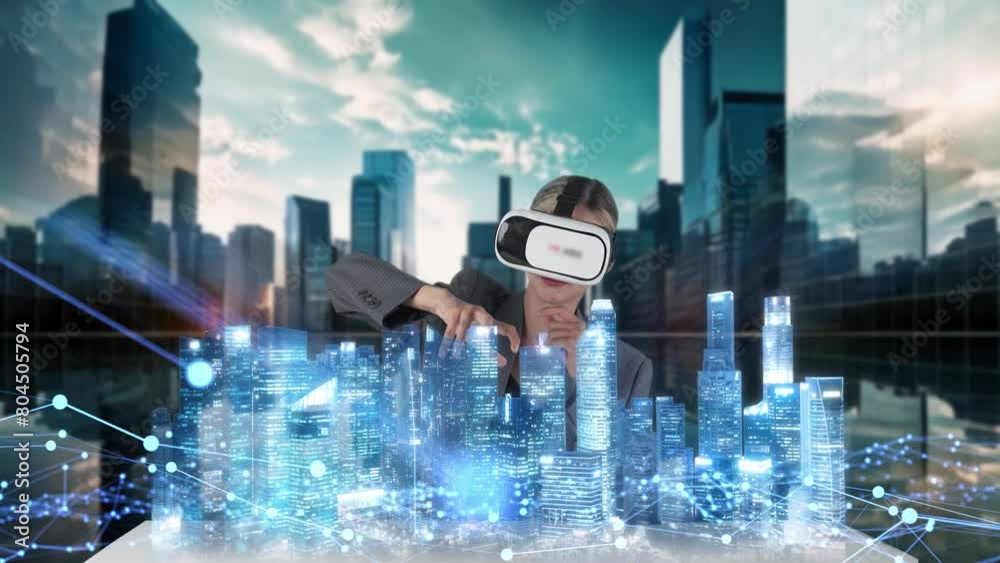 Civil engineer analyzing rotating tower skyscraper hologram virtual ...