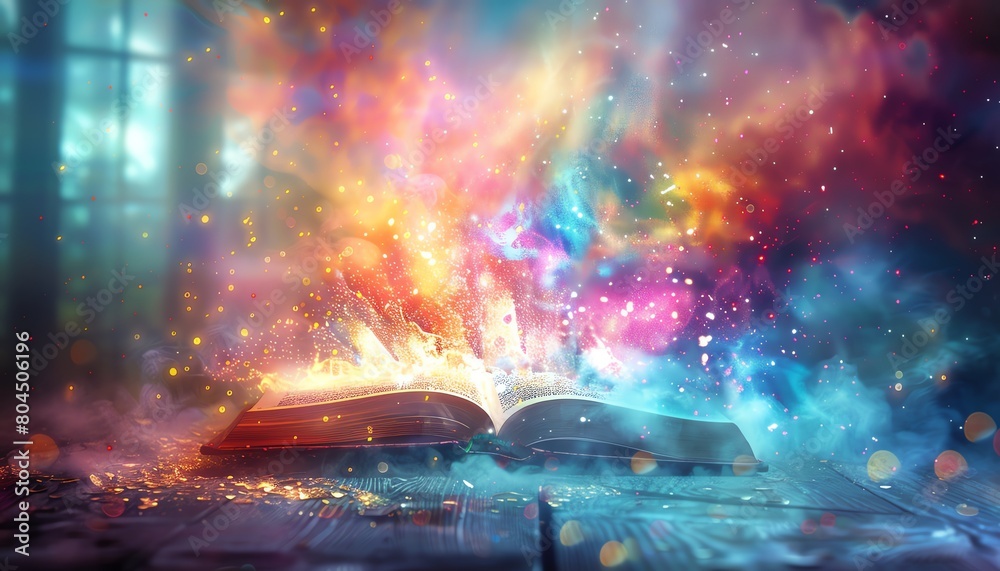 Artistic rendering of a book with pages exploding outward at the climax ...