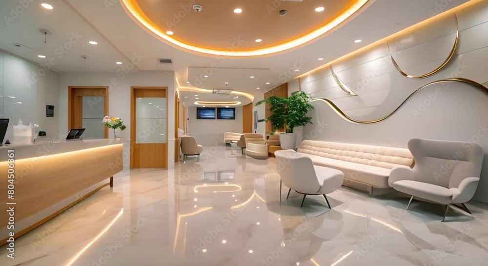 Contemporary medical office with an empty hospital corridor and waiting ...