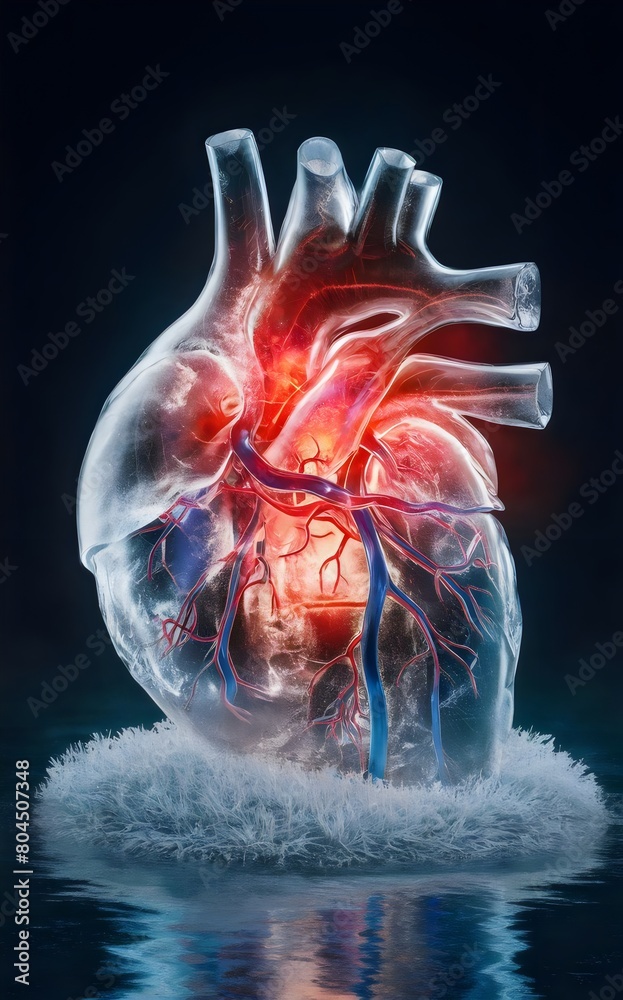 3D heart, translucent ice heart, human circulatory system. The blood ...