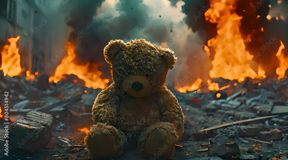 Vidéo Stock Teddy bear toy destroyed in war, who survived the fire ...