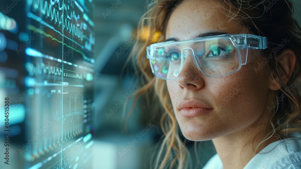 Female data scientist analyzing patterns on a futuristic digital ...