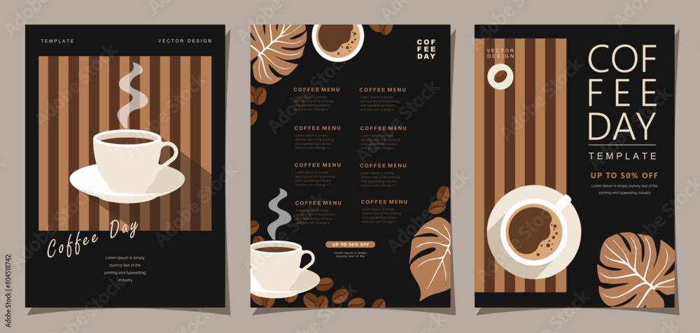 Set of minimal background templates with coffee beans and coffee mug ...