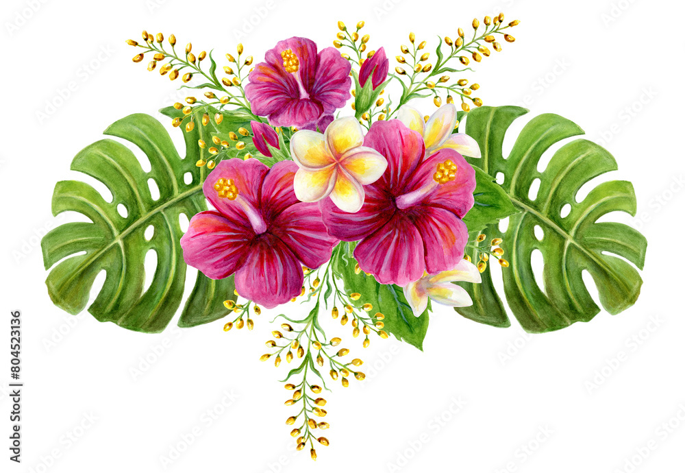 Tropical bouquet. Hand drawn watercolor painting with pink chinese ...