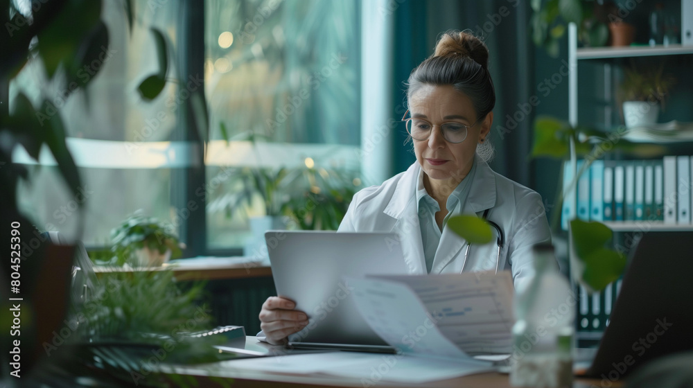 Mature woman therapist working on laptop, sit at desk with papers ...