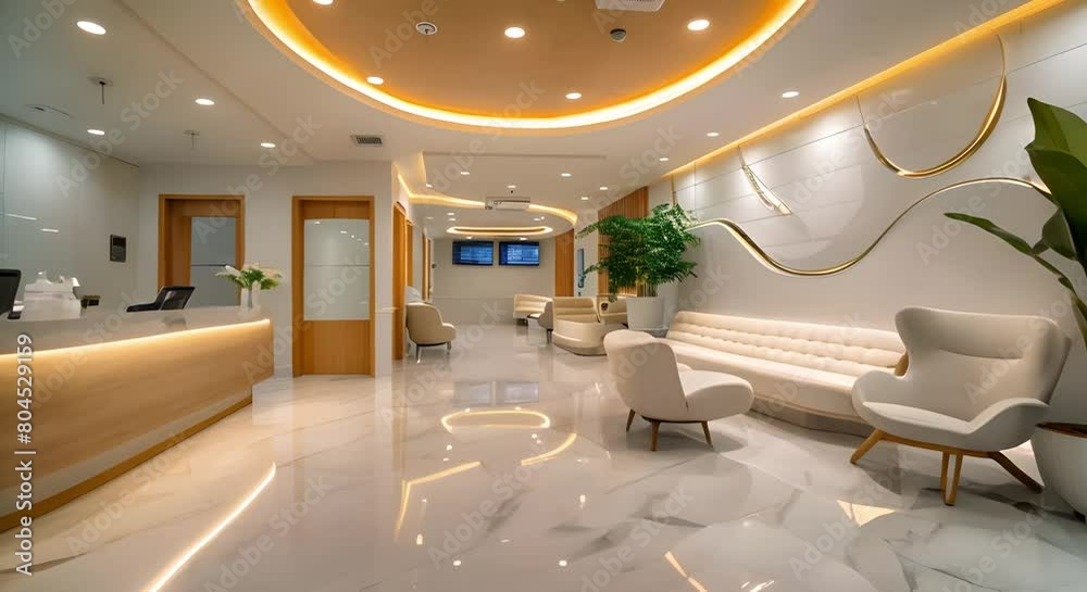 Contemporary medical office with an empty hospital corridor and waiting ...