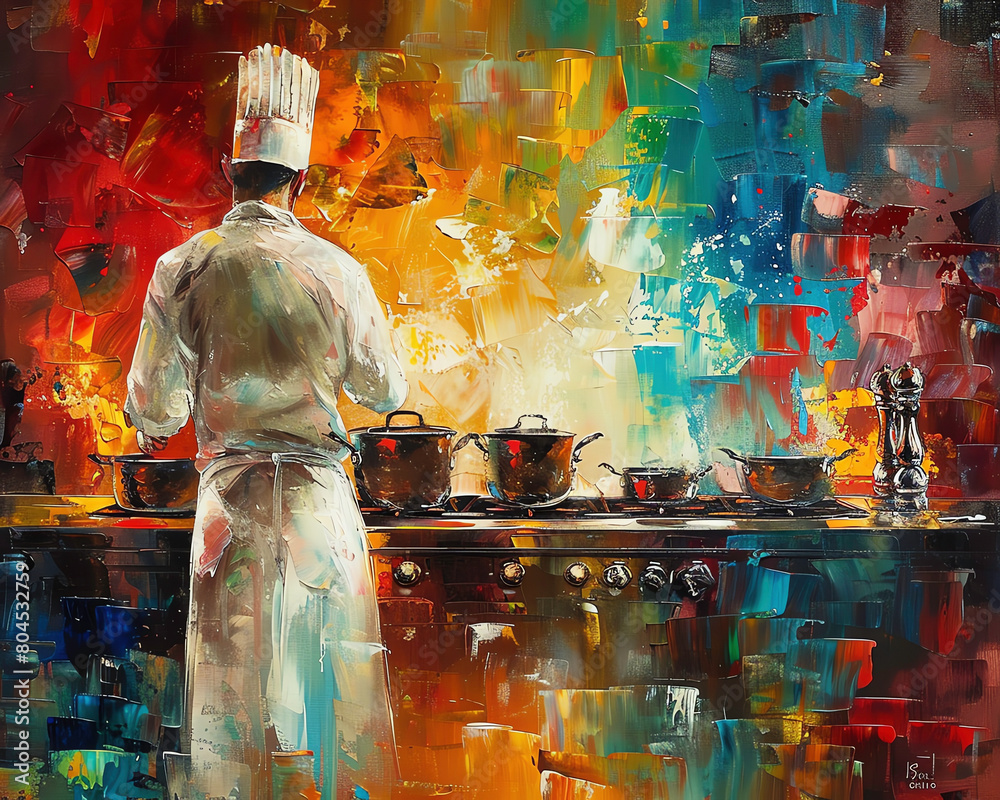Illustrate a modern chefs elegance in an oil painting from behind ...
