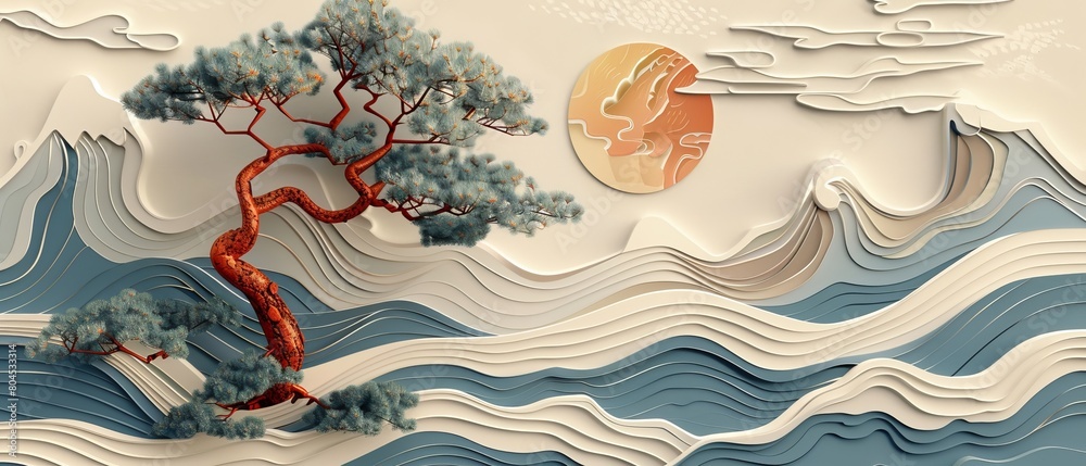 Japanese wave pattern modern banner with abstract landscape background ...
