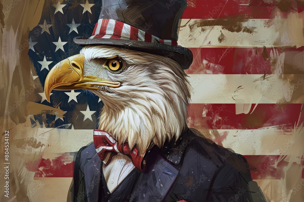 Patriotic eagle in suit with vintage American flag background ...