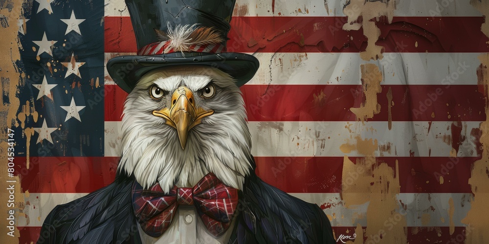 Patriotic eagle dressed in a top hat against a grungy American flag ...